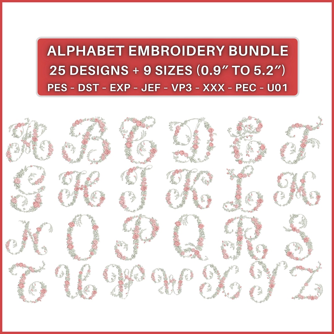 Floral Script Alphabet Embroidery Design Bundle, Romantic Rose Monogram ...