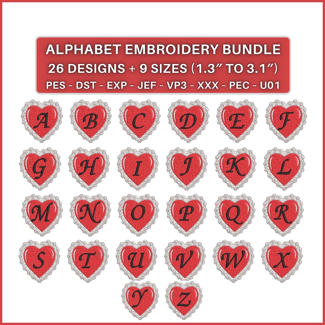 Heart Alphabet Machine Embroidery Design Bundle, Valentine Monogram ...