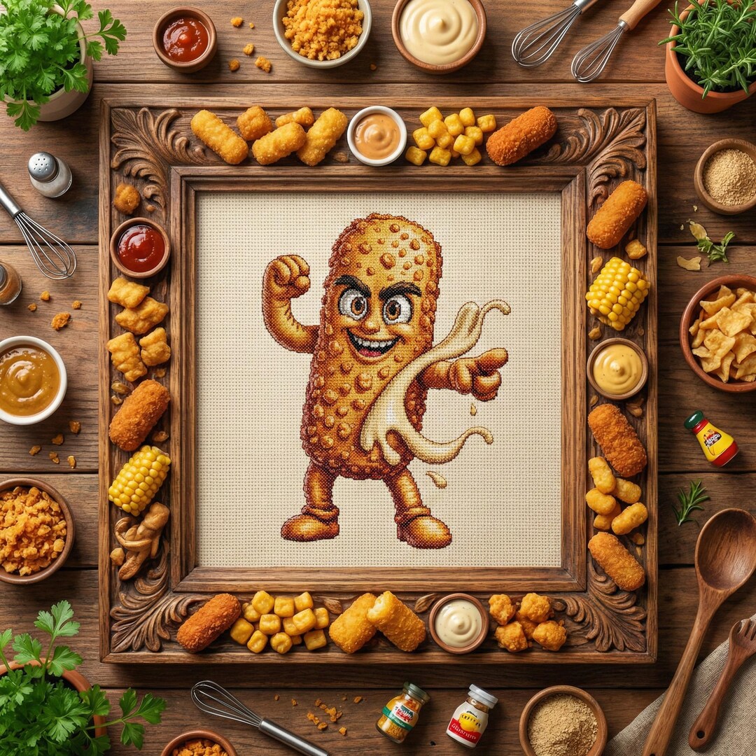 Cheesy Fried Snack Hero Cross Stitch Pattern – Funny Anthropomorphic ...
