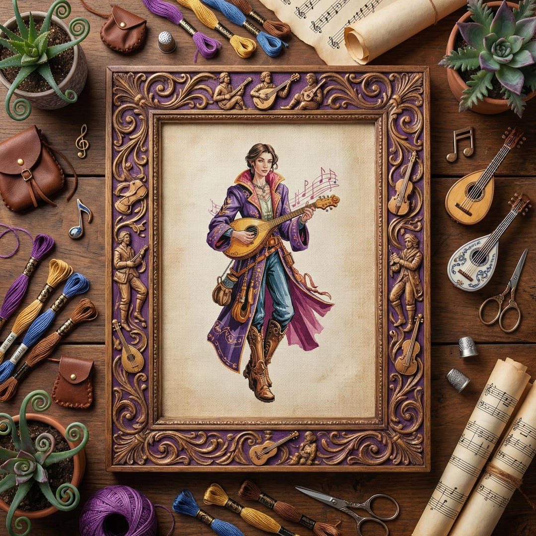 Fantasy Bard Cross Stitch Pattern – Enchanted Musician Woman With Lute ...