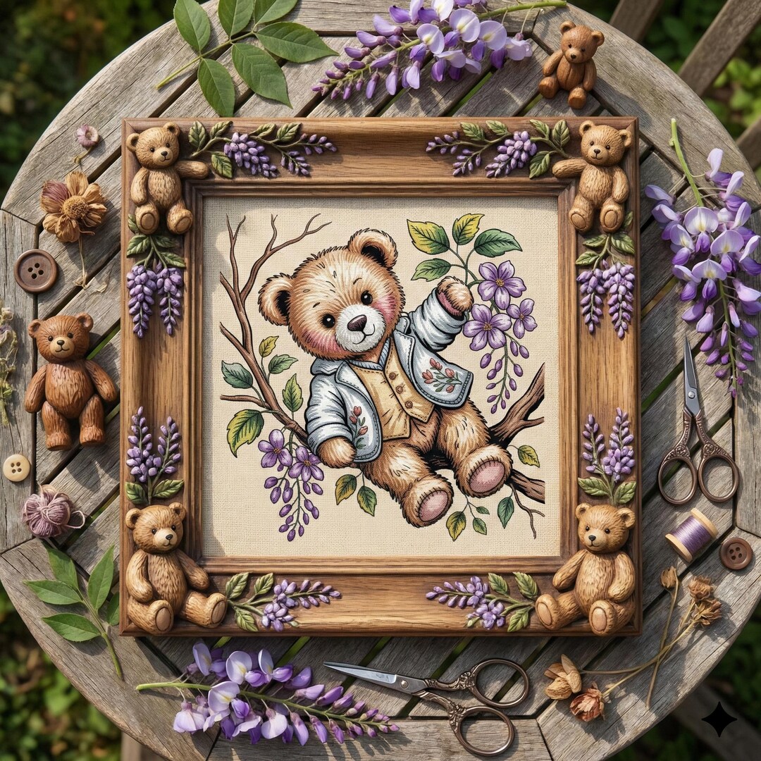 Whimsical Tree Bear Cross Stitch Pattern: Dressed-up Teddy With Lilac ...