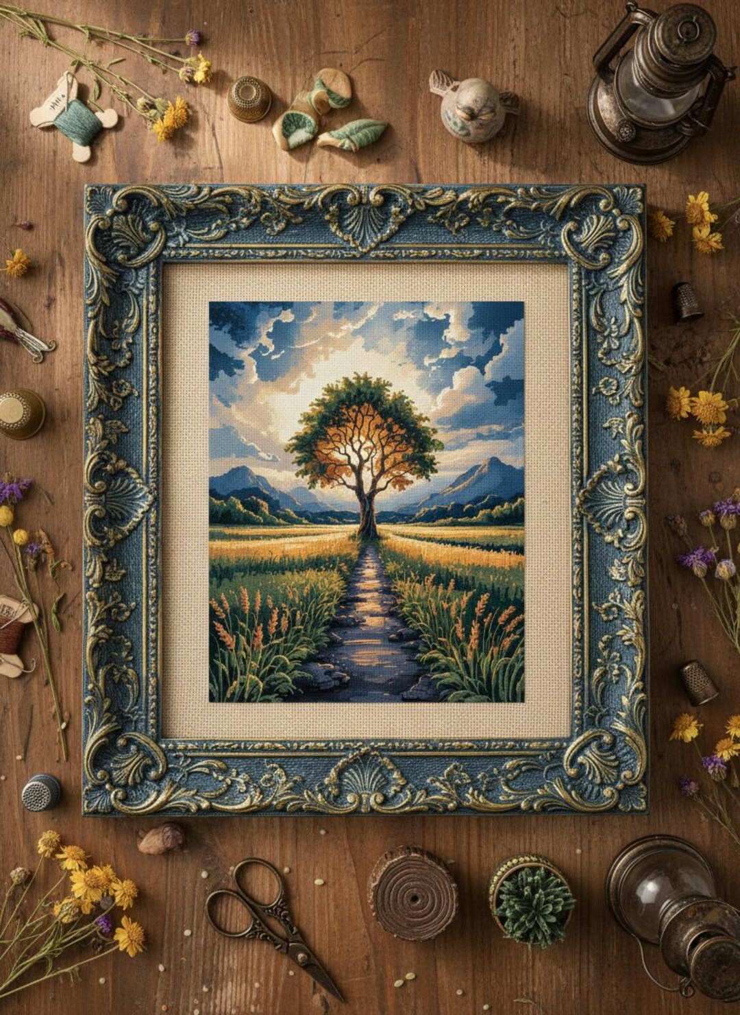 Golden Tree of Solitude – Peaceful Field Cross Stitch Pattern ...