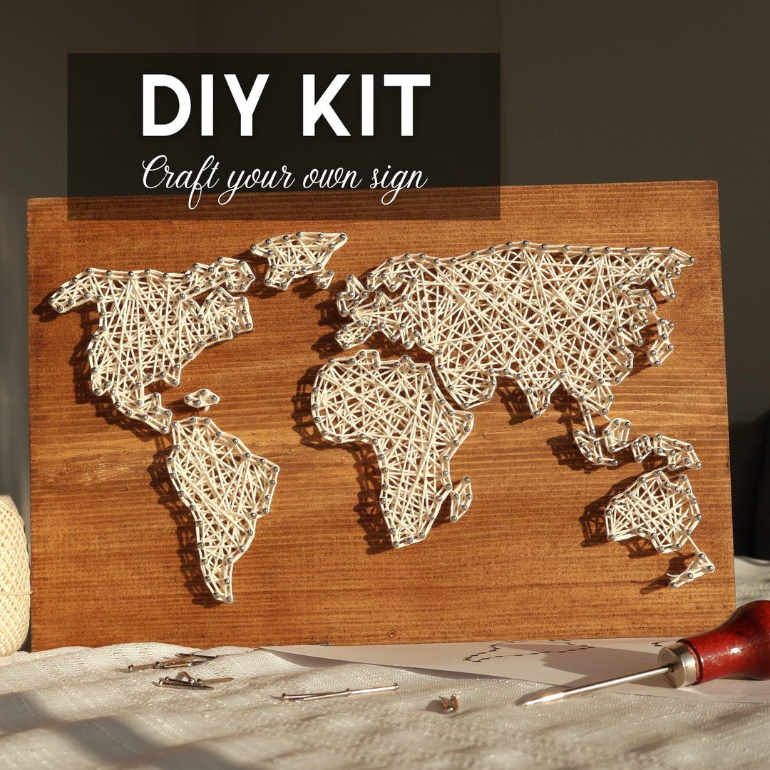 DIY World Map String Art Kit, Wooden Continental Wall Art, Global Home ...