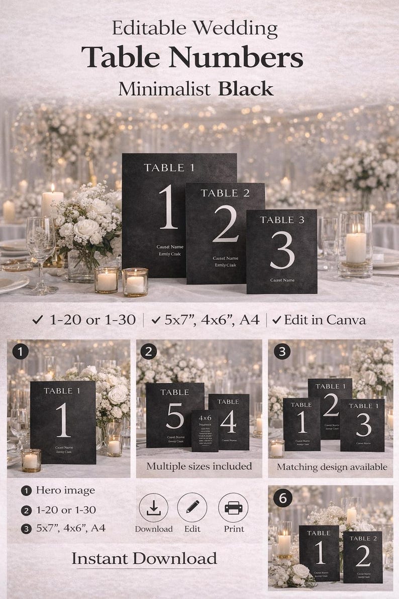 Editable Wedding Table Numbers Template | Minimalist Black Table Numbers | Printable Table ...
