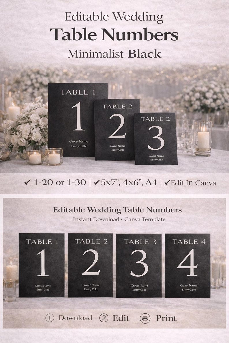 Editable Wedding Table Numbers Template | Minimalist Black Table ...
