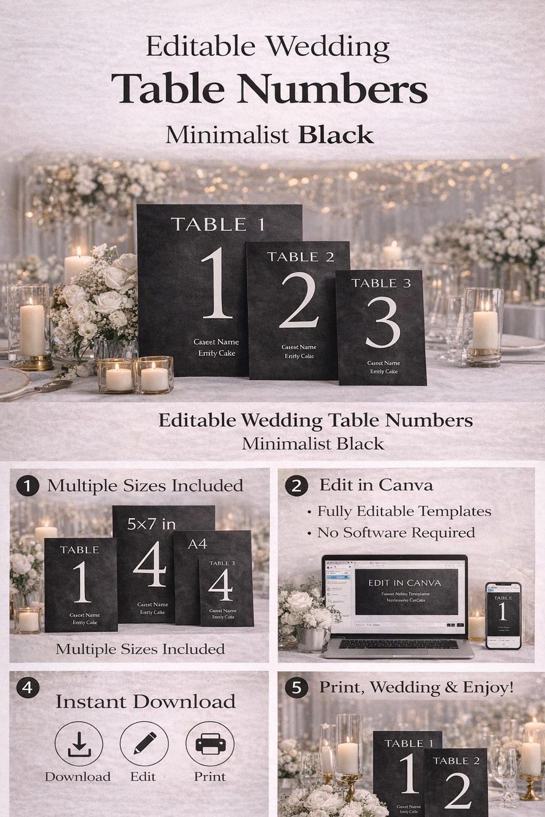 Editable Wedding Table Numbers Template | Minimalist Black Table Numbers | Printable Table ...