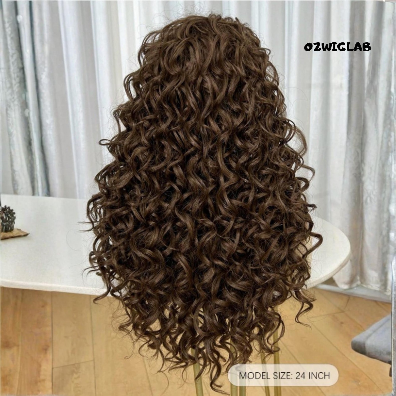 24 Inch Dark Brown Curly Wig With Bangs Heat Resistant Synthetic Hair ...