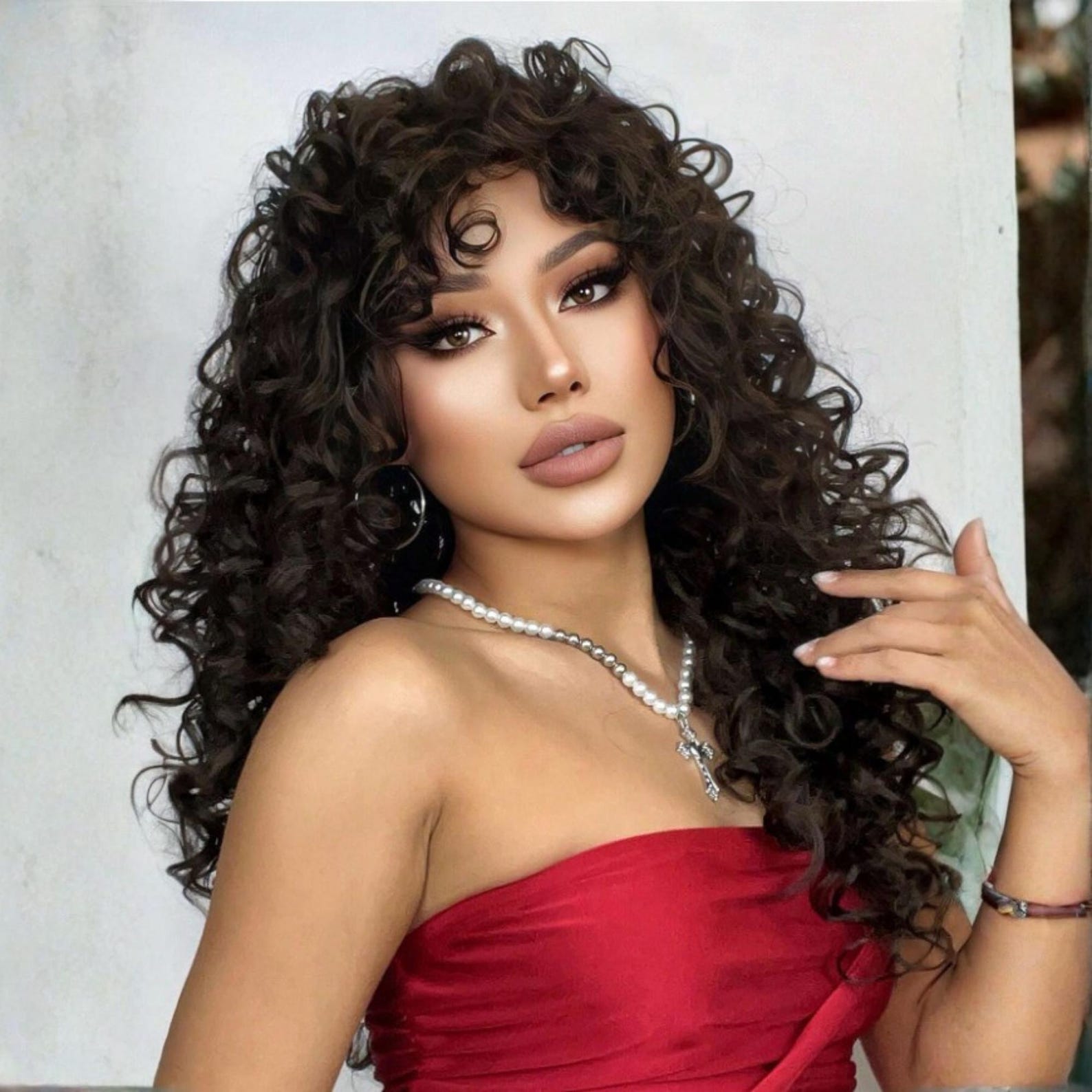 24 Inch Dark Brown Curly Wig With Bangs Heat Resistant Synthetic Hair ...