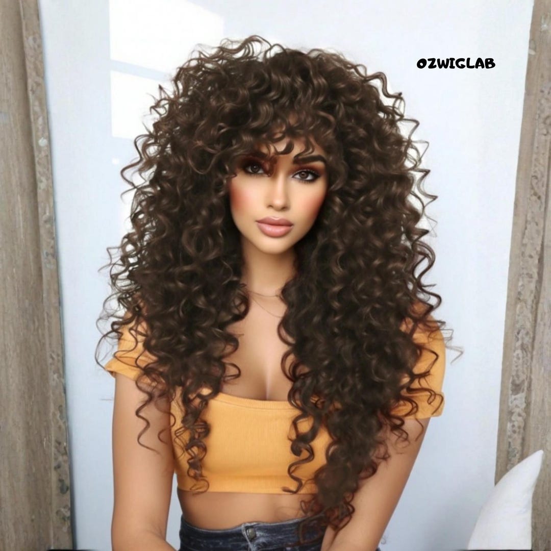 24 Inch Dark Brown Curly Wig With Bangs Heat Resistant Synthetic Hair ...