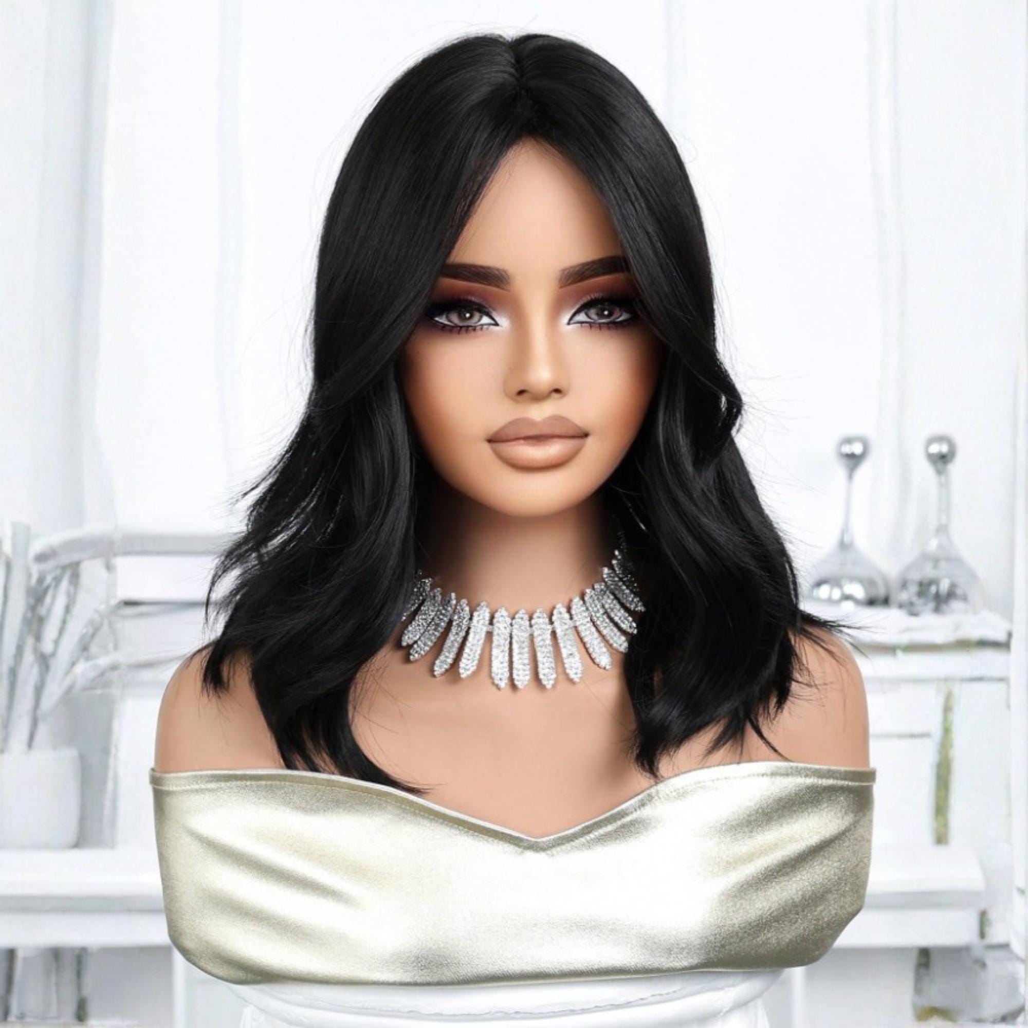 16 Inch Body Wave Highlight Brown Wig Middle Part Synthetic Hair - Etsy