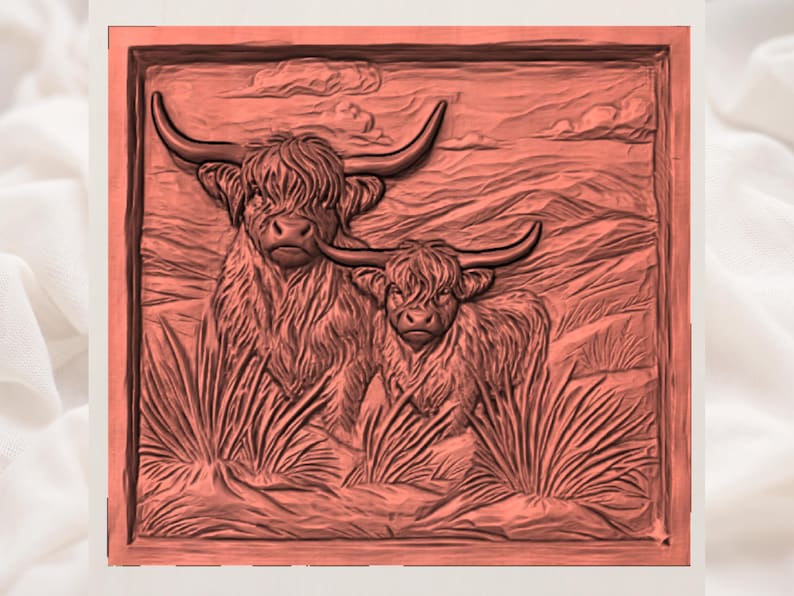 Highland Cow & Calf 3D Relief STL | Rustic Farm Animal CNC Router File ...