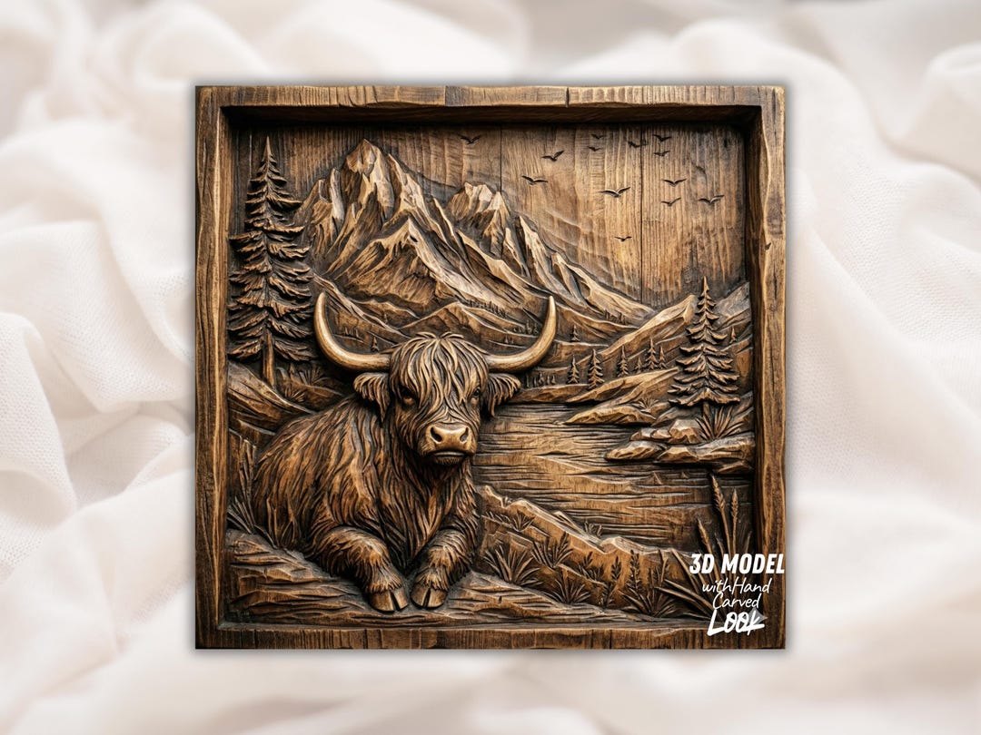 Highland Cow Mountain 3D Relief STL | Hand Carved Scan Wood Grain CNC ...