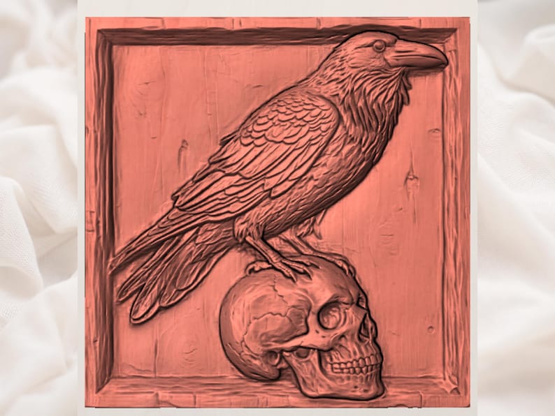 Raven on Skull 3D Relief STL | Gothic Crow Wall Art CNC Router File ...