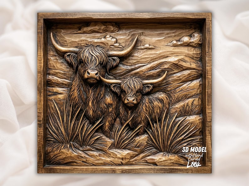 Highland Cow & Calf 3D Relief STL | Rustic Farm Animal CNC Router File ...