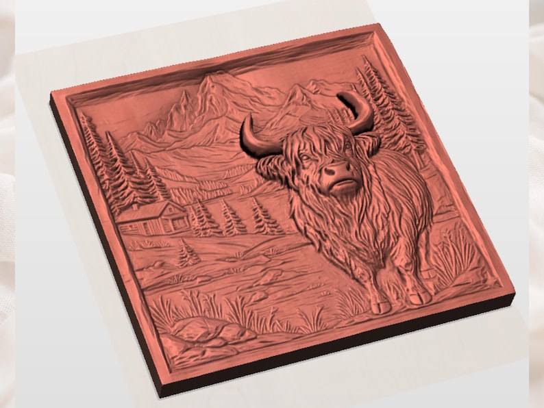 Highland Cow Mountain Cabin 3D Relief STL | Hand Carved Scan Wood Grain ...