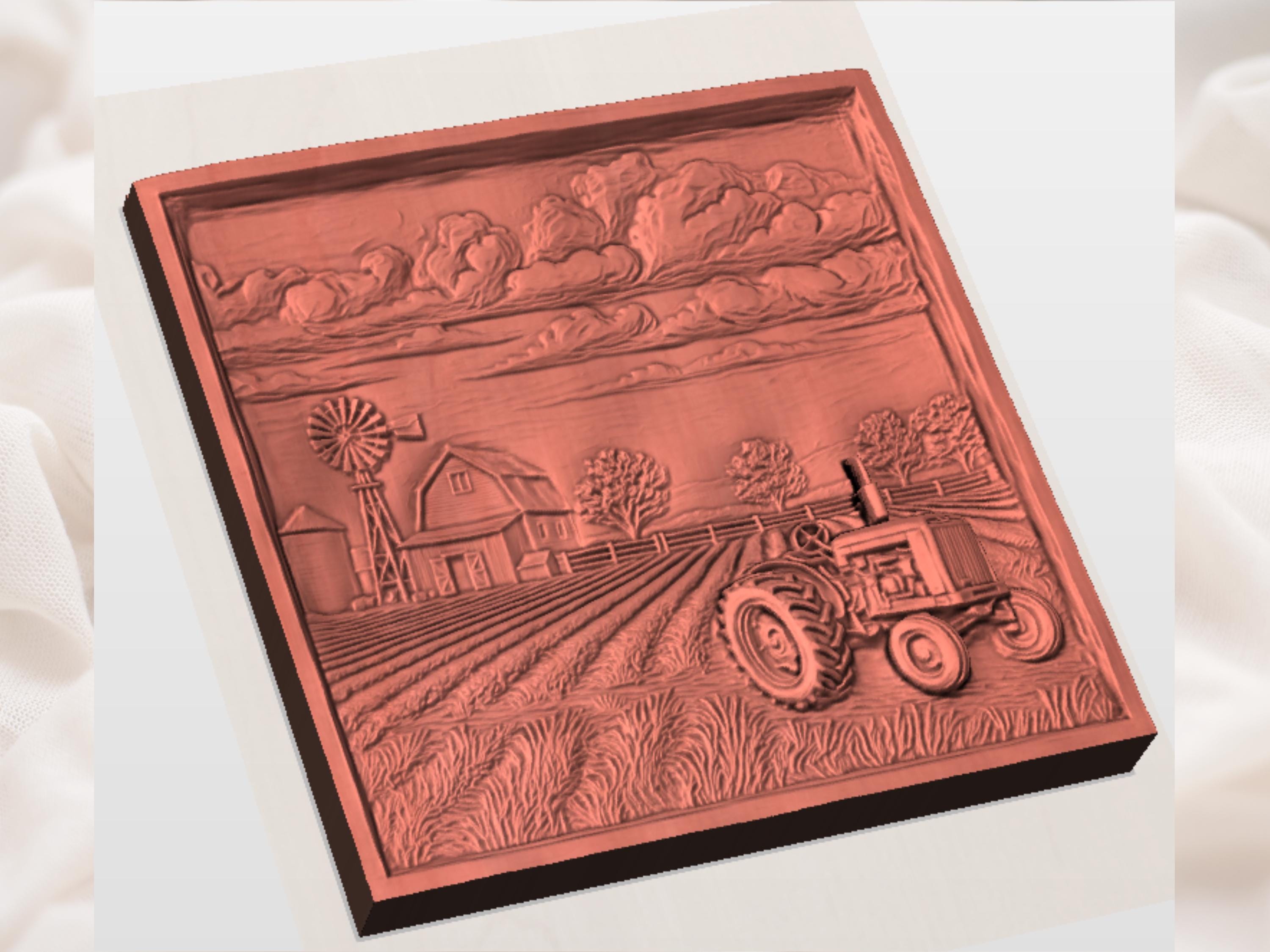 Farm Tractor 3D Relief STL | Barn Windmill Field Scene CNC Router File ...