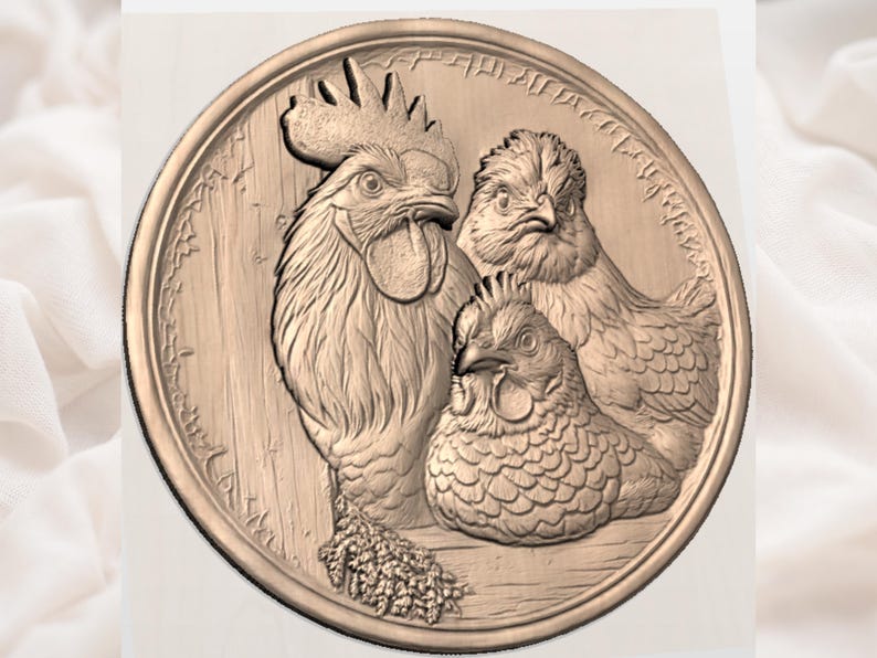 Chicken Family 3D Relief STL for CNC Router | Round Farmhouse Rooster ...