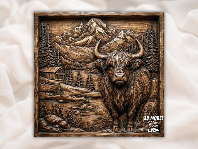 Highland Cow Mountain Cabin 3D Relief STL | Hand Carved Scan Wood Grain ...