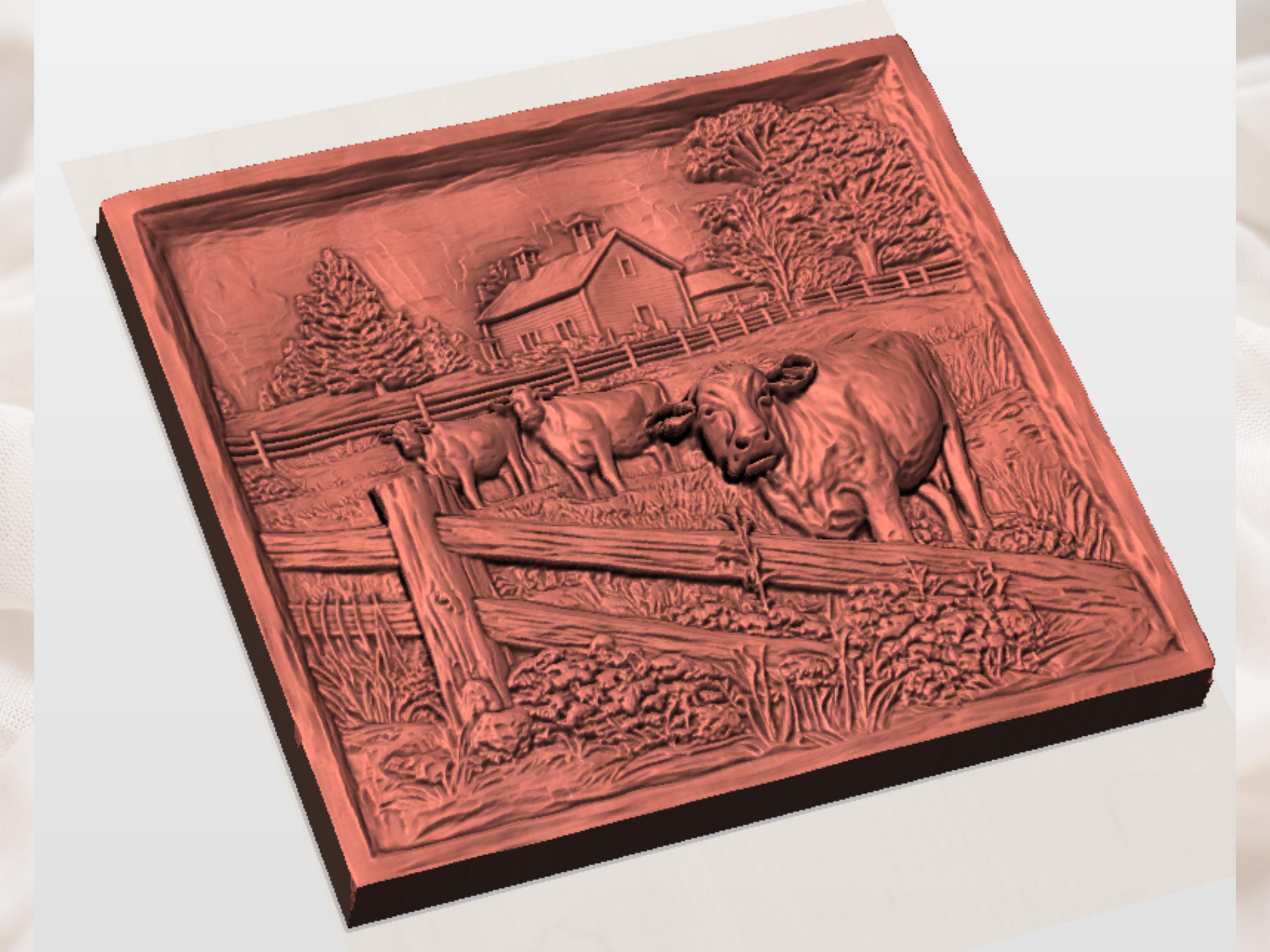 Farm Cows Barn 3D Relief STL | Pasture Fence Scene CNC Router File ...