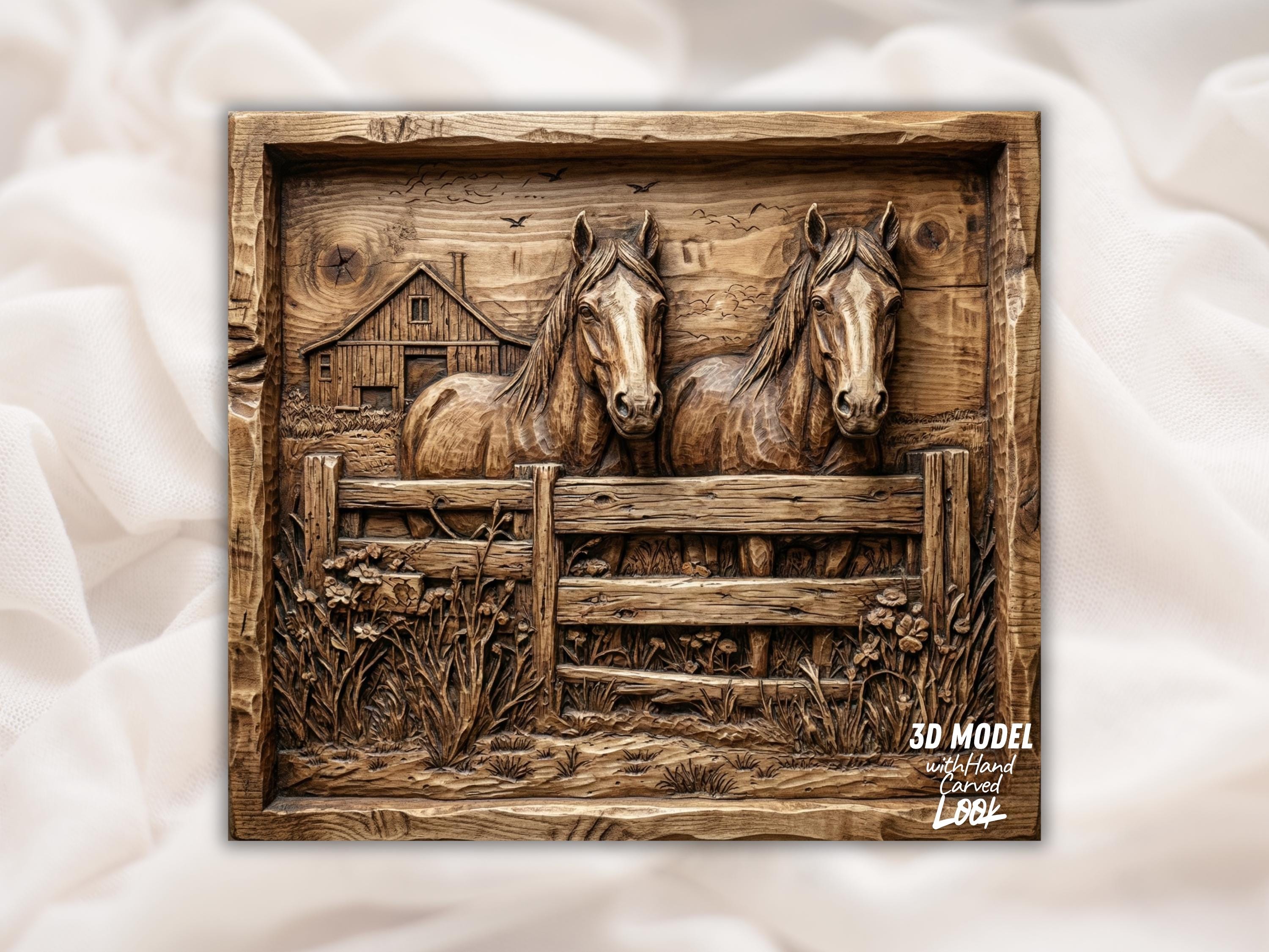 Two Horses Barn 3D Relief STL | Hand Carved Scan Wood Grain CNC Router ...