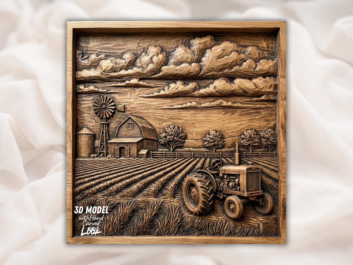 Farm Tractor 3D Relief STL | Barn Windmill Field Scene CNC Router File ...