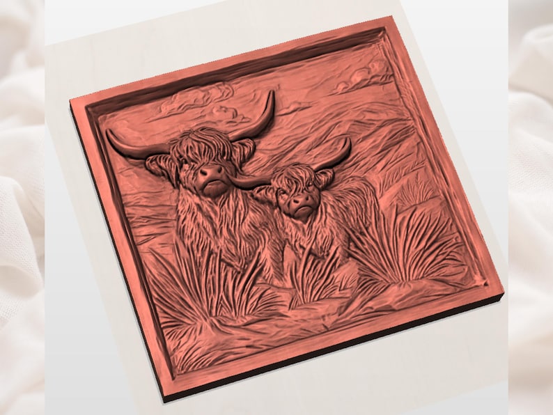 Highland Cow & Calf 3D Relief STL | Rustic Farm Animal CNC Router File ...