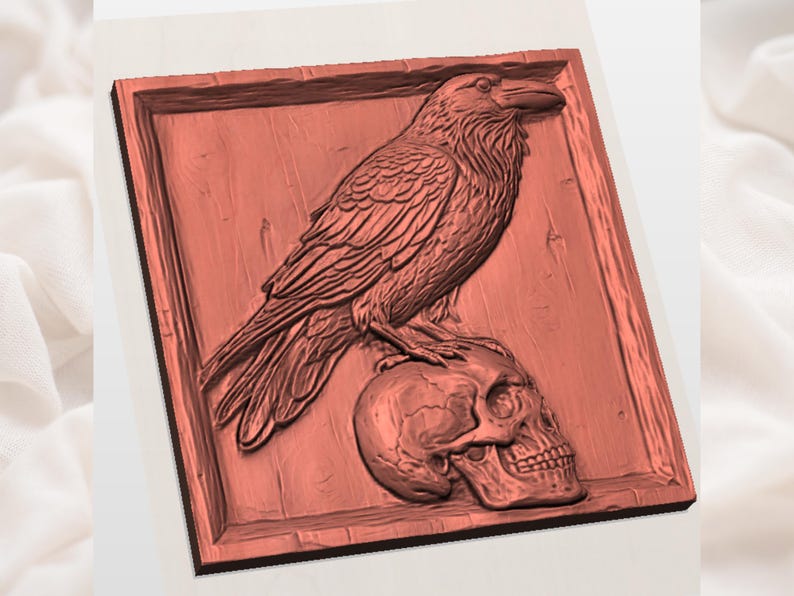 Raven on Skull 3D Relief STL | Gothic Crow Wall Art CNC Router File ...