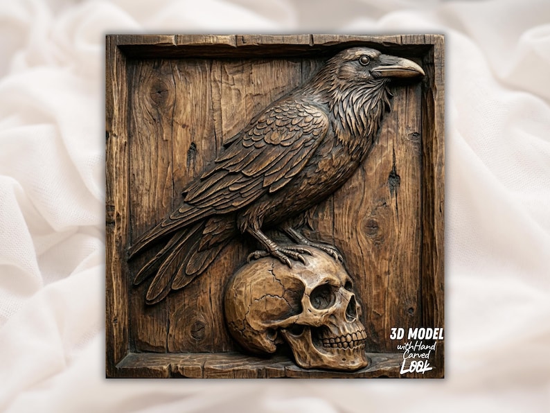 Raven on Skull 3D Relief STL | Gothic Crow Wall Art CNC Router File ...