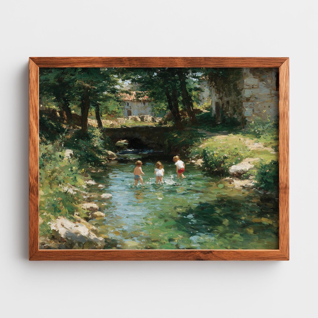 Cottagecore Rustic Creek Scene, Children Playing in Mountain Stream ...