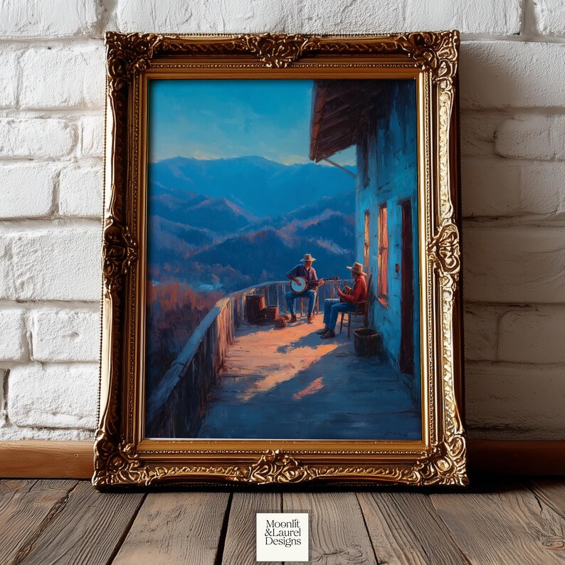 Rustic Mountain Music Scene - Printable Bluegrass Art With Guitar ...