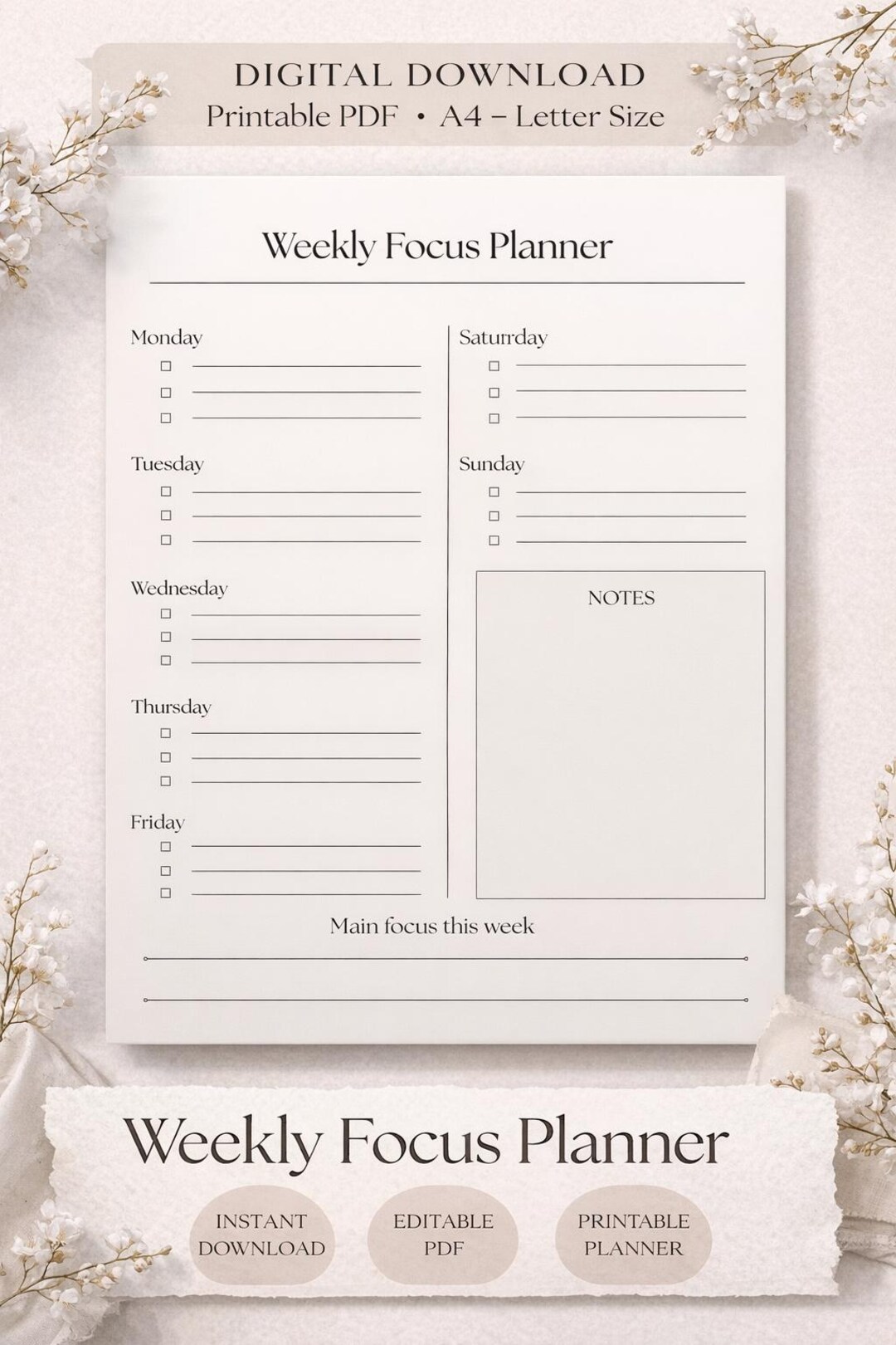ADHD Weekly Planner Printable, Minimal Focus Planner PDF - Etsy