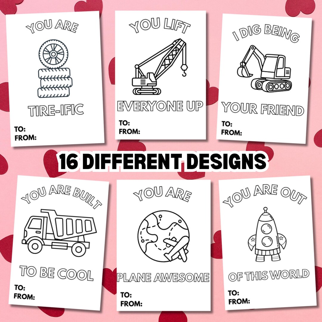 Transportation Coloring Valentines Day Cards | 16 Pack Printable ...