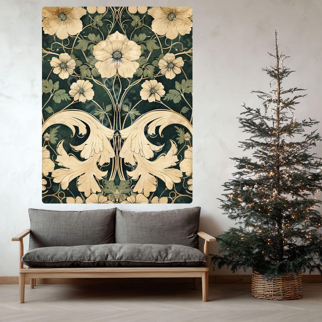 Jugendstil Floral Illustration Print: Muted Beige Forest Green Art ...