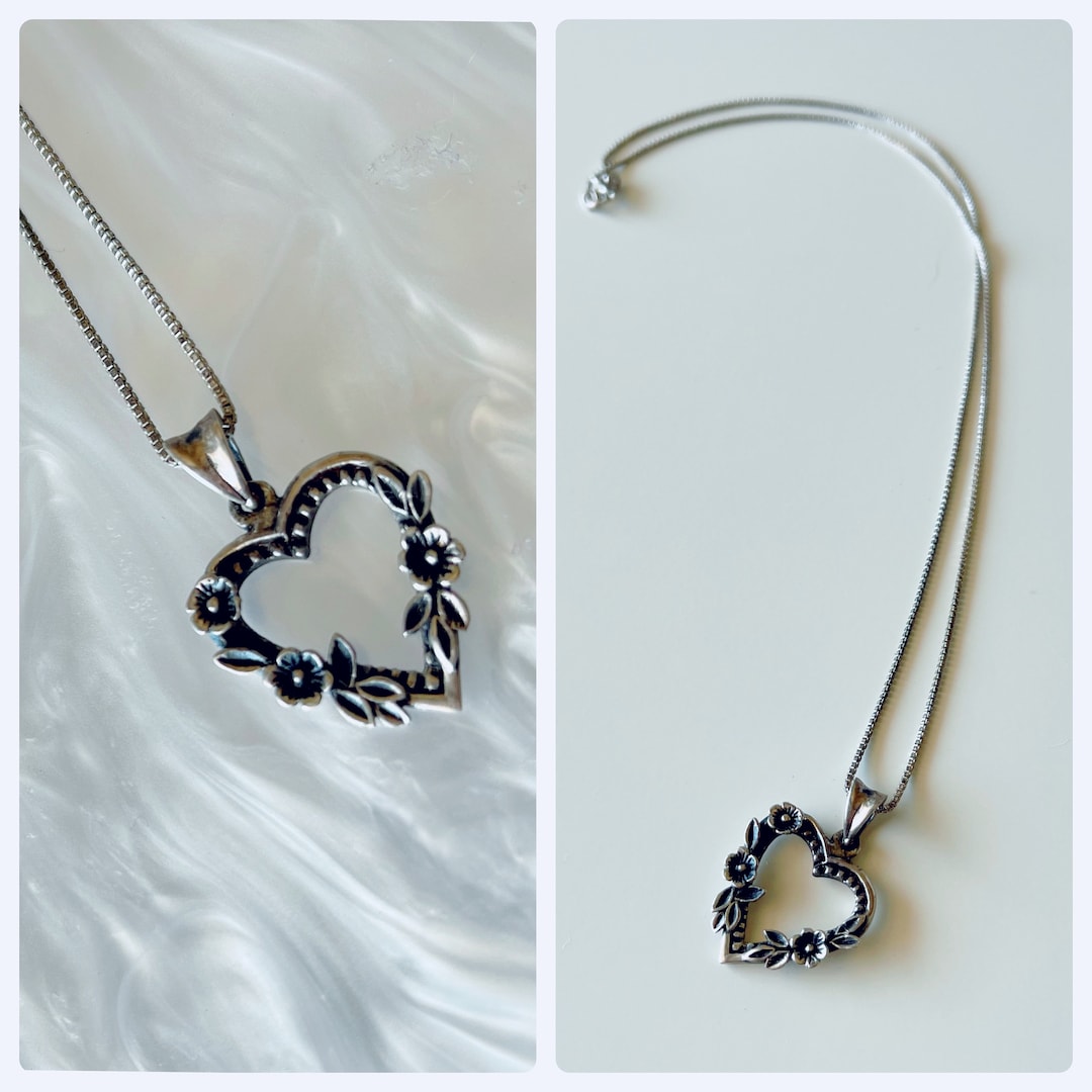 60s or 70s Floral Heart Sterling Silver Box Chain Art Nouveau Pendant ...