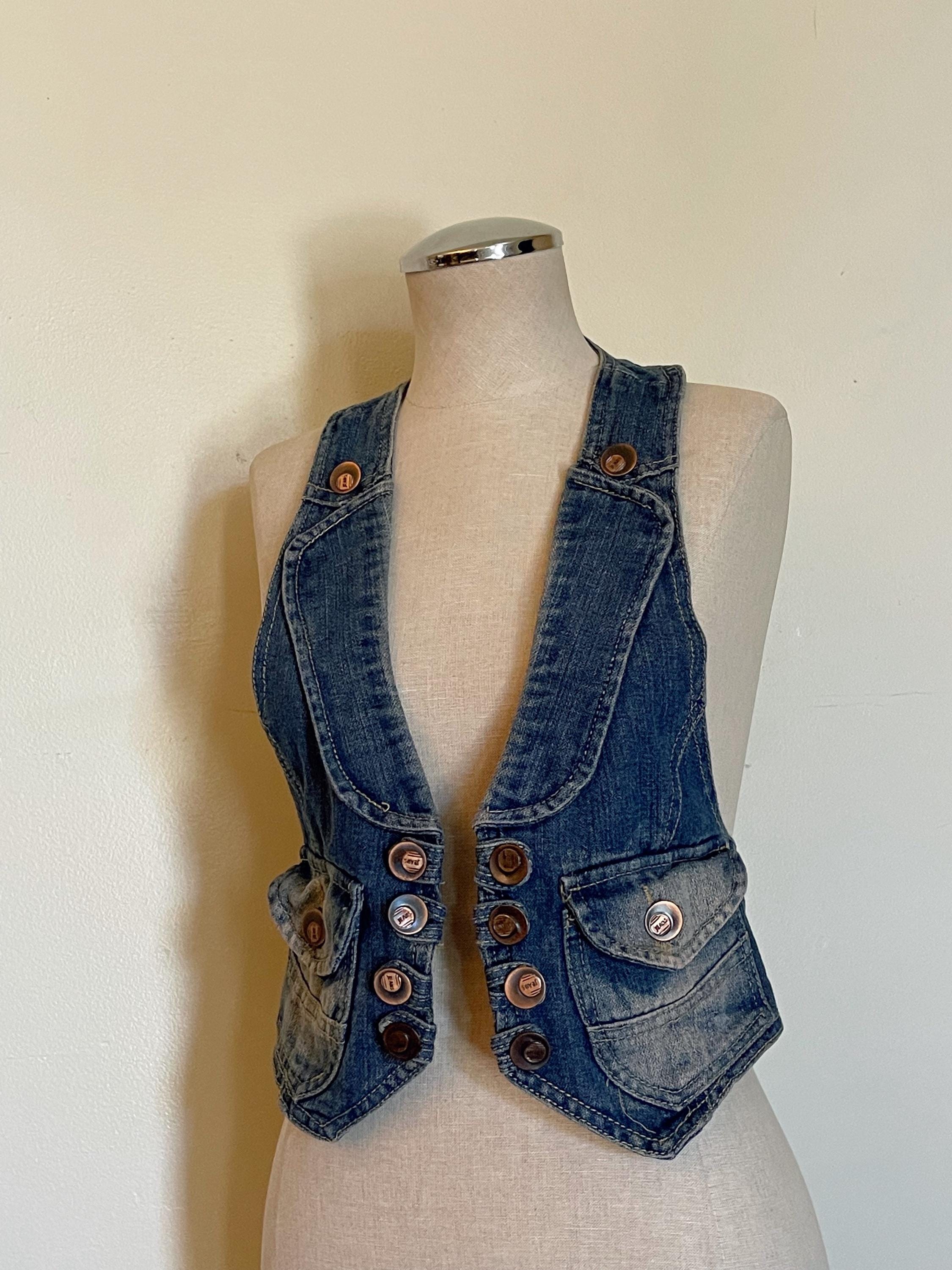 Y2K Denim Vest With Copper Buttons and Braided Straps Front Pockets ...