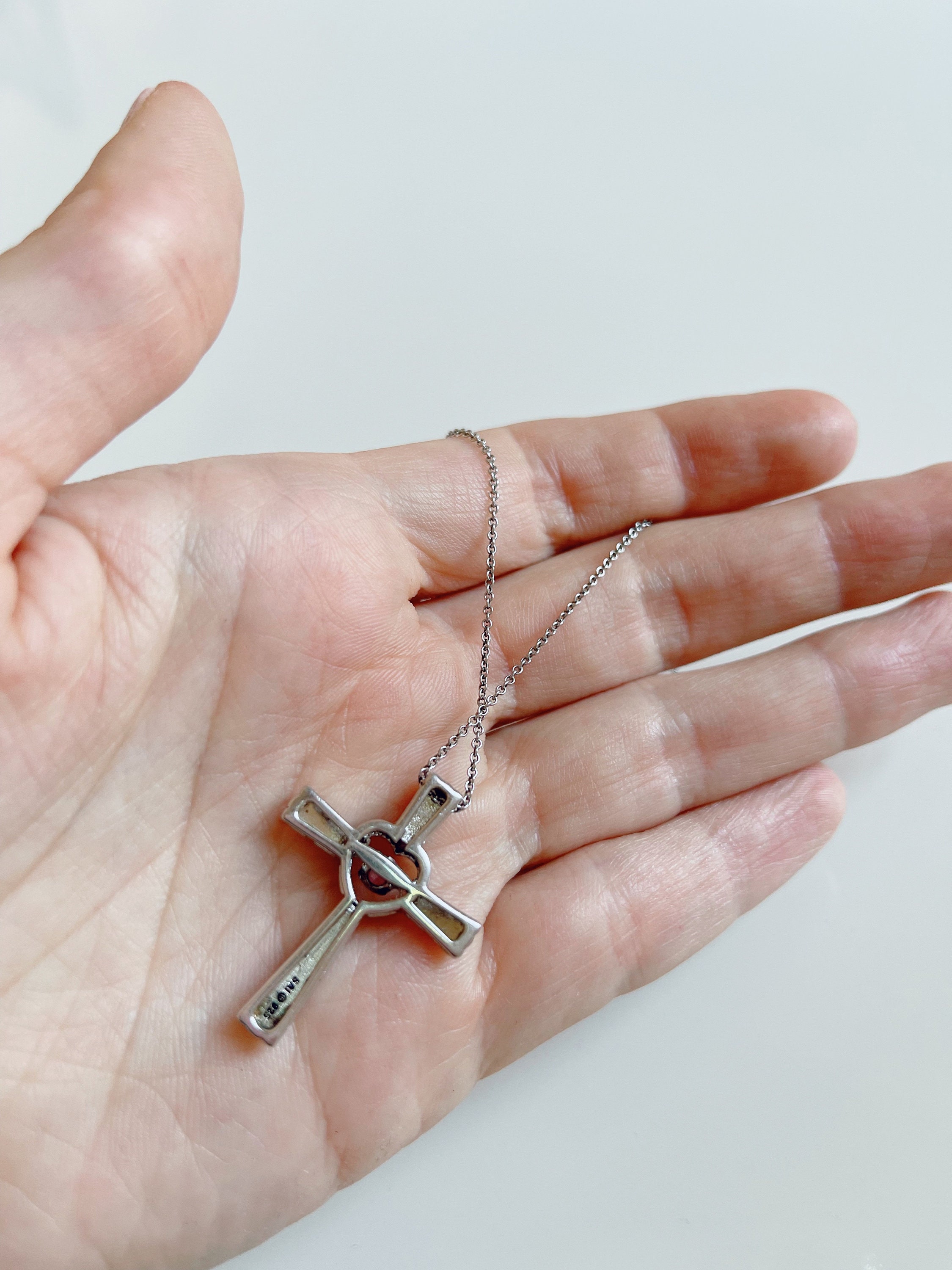 Y2K Does Art Nouveau Tiny Diamond and Pink Topaz Sterling Silver Cross ...