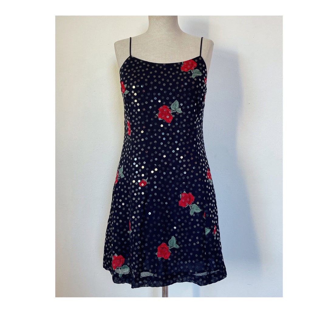90s Rose and Sequin Spaghetti Strap Mini Dress Size Small - Etsy