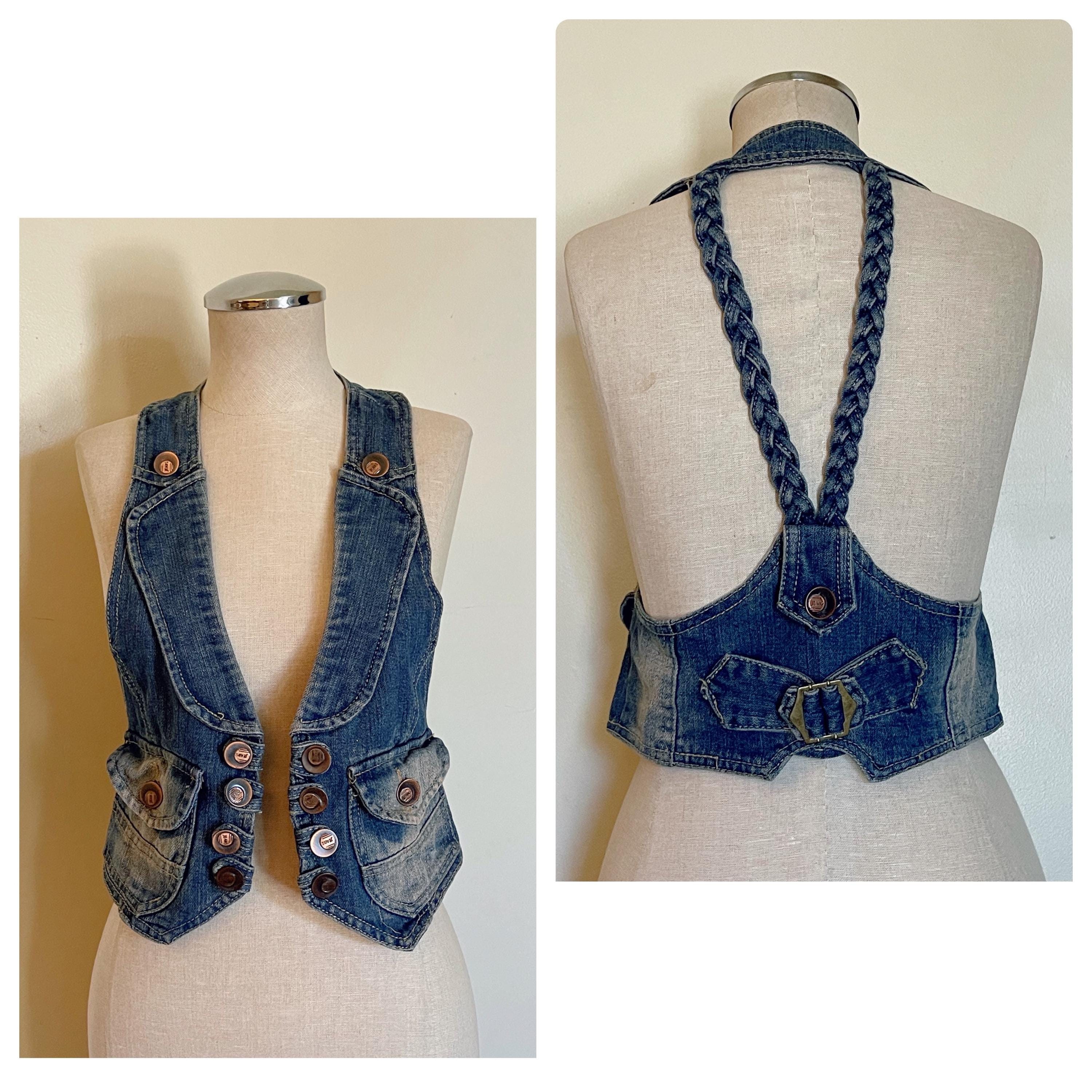 Y2K Denim Vest With Copper Buttons and Braided Straps Front Pockets ...