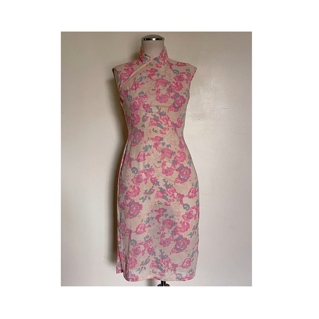 60s Pink Floral Cotton Cheongsam Dress Size Small - Etsy