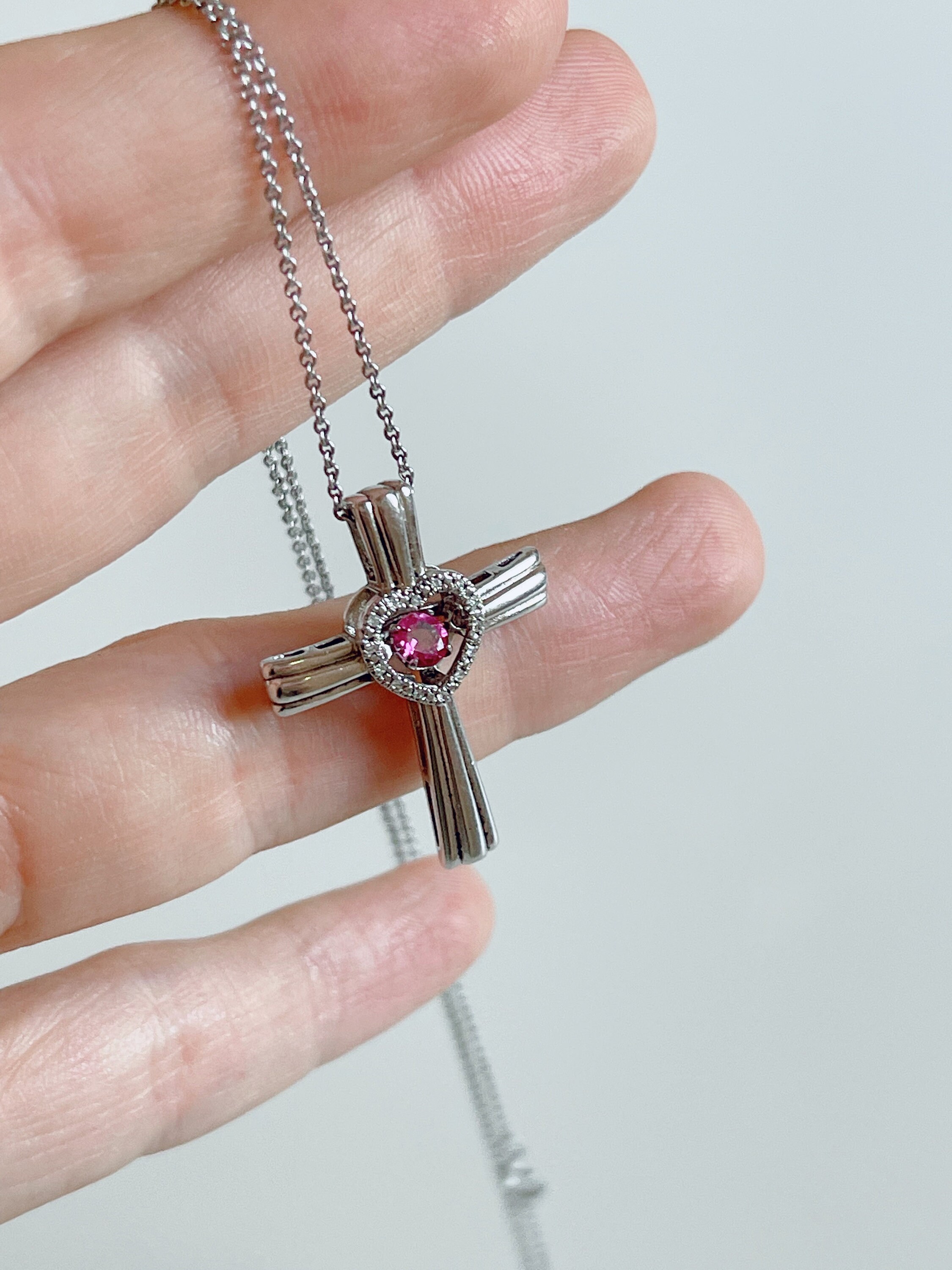 Y2K Does Art Nouveau Tiny Diamond and Pink Topaz Sterling Silver Cross ...