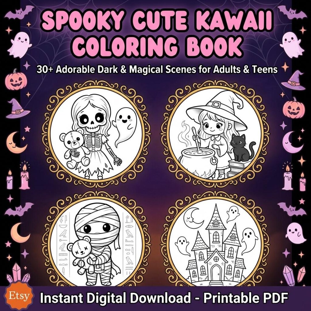 Spooky Cute Kawaii Coloring Book | 30+ Dark Magical Scenes | Halloween ...
