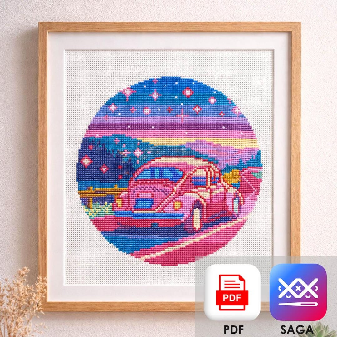 Retro Neon Car Cross Stitch Pattern | Synthwave Night Drive Landscape ...