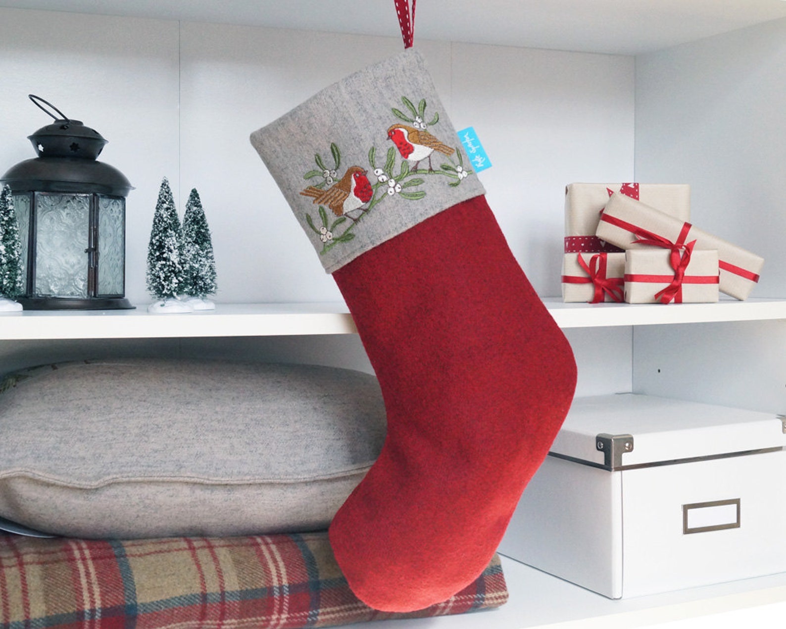 Embroidered Robin and Mistletoe Christmas Stocking - Etsy