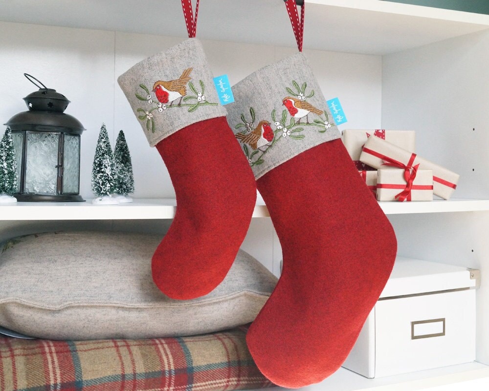 Embroidered Robin and Mistletoe Christmas Stocking - Etsy UK