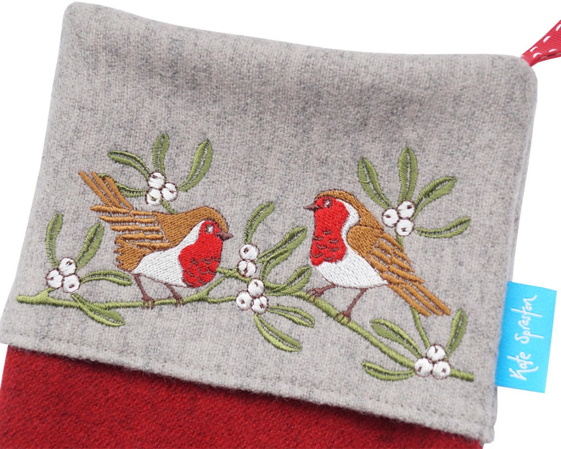 Embroidered Robin and Mistletoe Christmas Stocking - Etsy