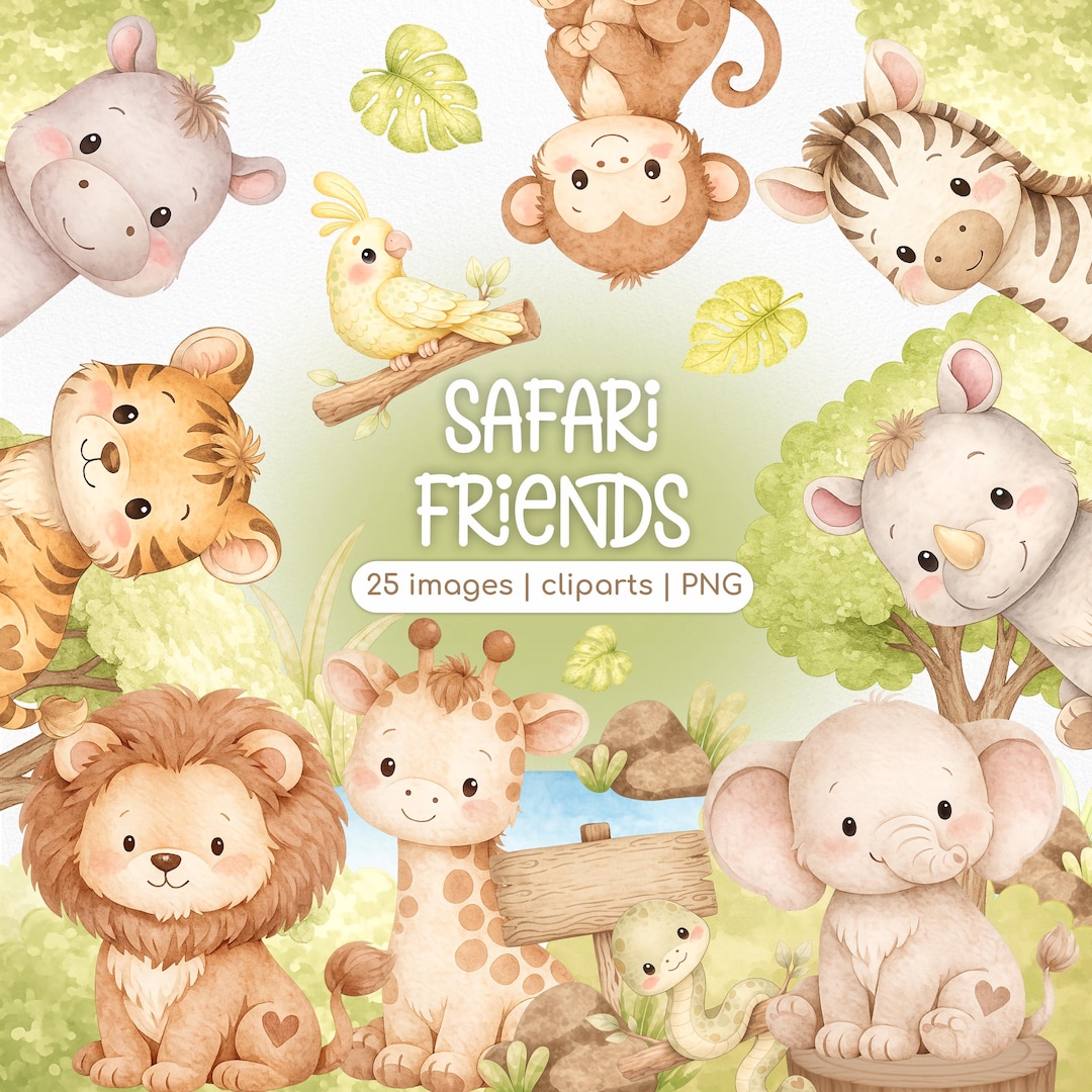 Safari Baby Animals Clipart PNG – Cute Watercolor Savanna Animals ...