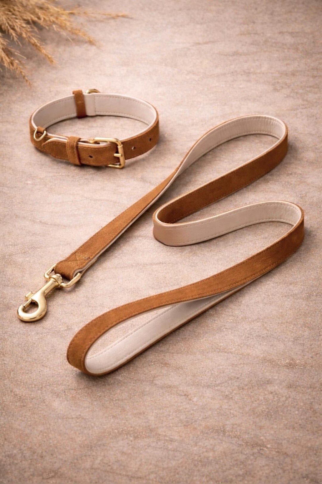 Camel Suede Dog Collar & Leash Set | Cream Leather Lined, Gold Hardware ...