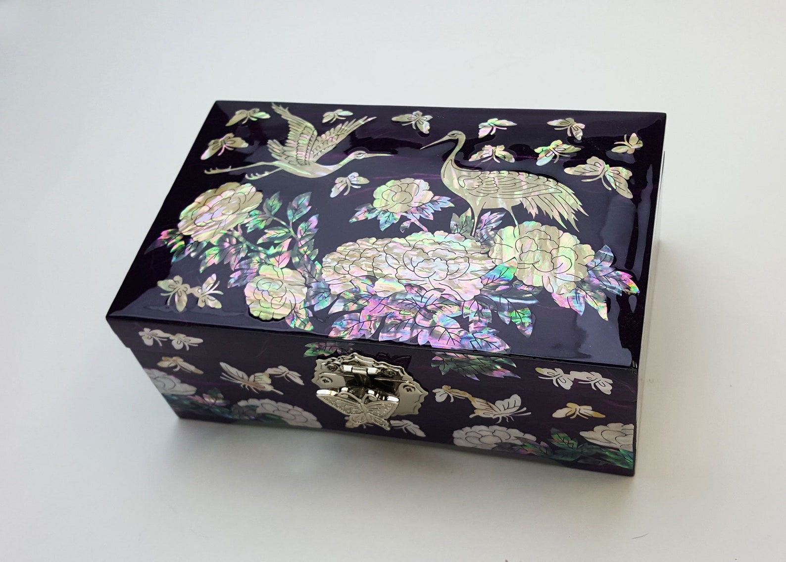 Traditional Korean Purple Najeon Chilgi Jewelry Box With Mirror Cranes ...
