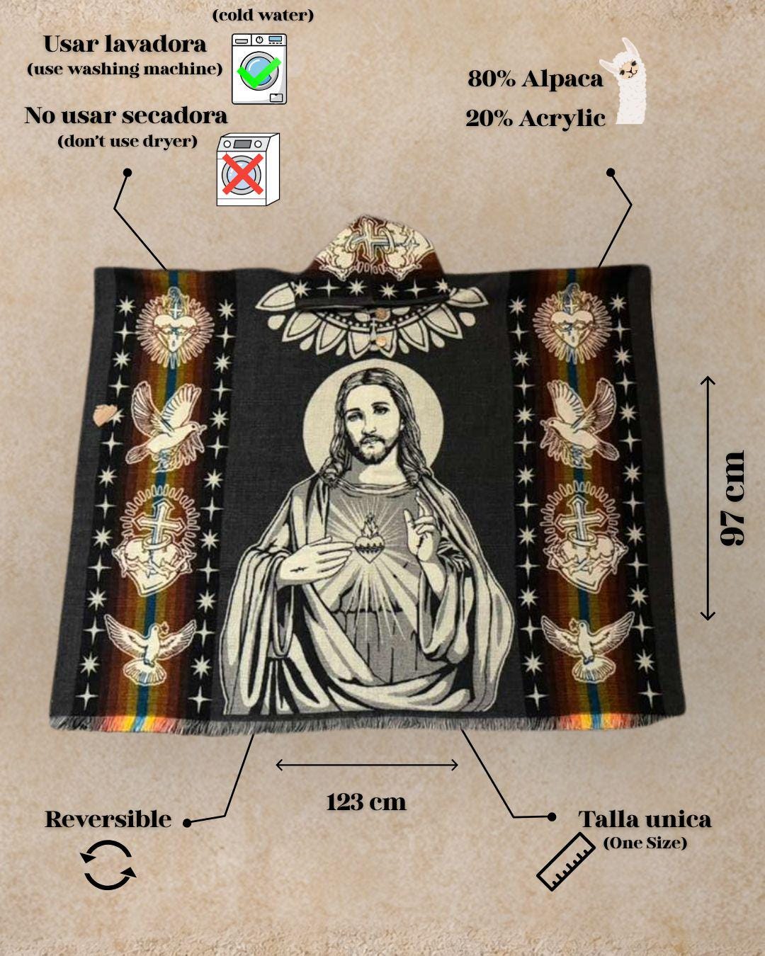 Handmade Alpaca Wool Poncho, Jesus Christ Design, Free Shipping! Gift ...