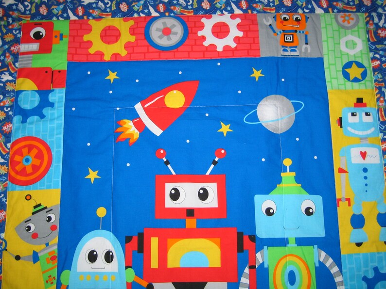 Blue Robot Space Rocket Quilted Comforter Blanket With Matching Pillow ...